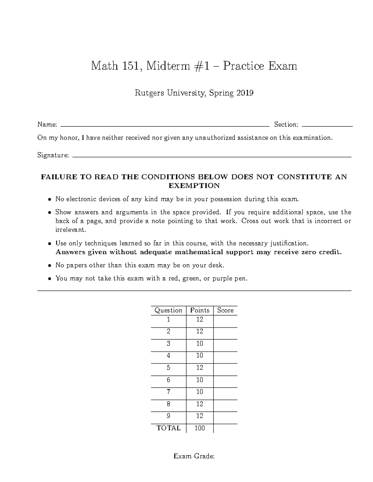 Practice-midterm 1 Spring 2019 - Math 151, Midterm #1 – Practice Exam ...