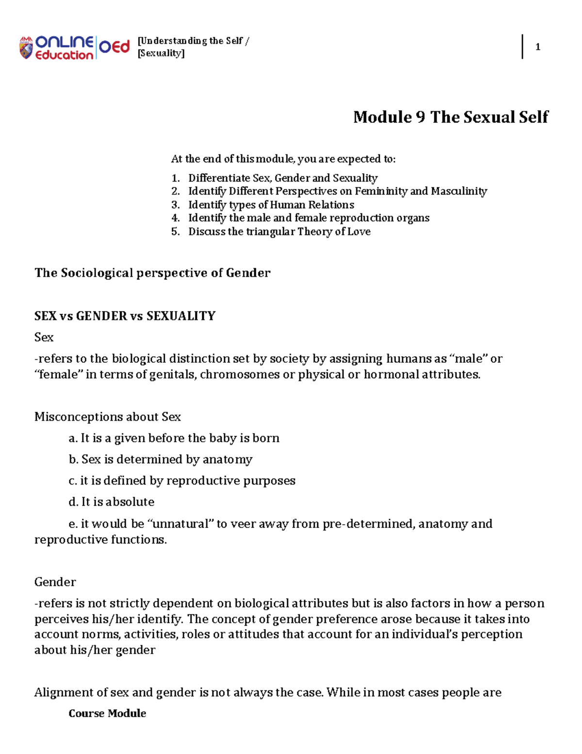 Lesson 7 - Understanding Sexual Self and Gender Perspectives in Module ...