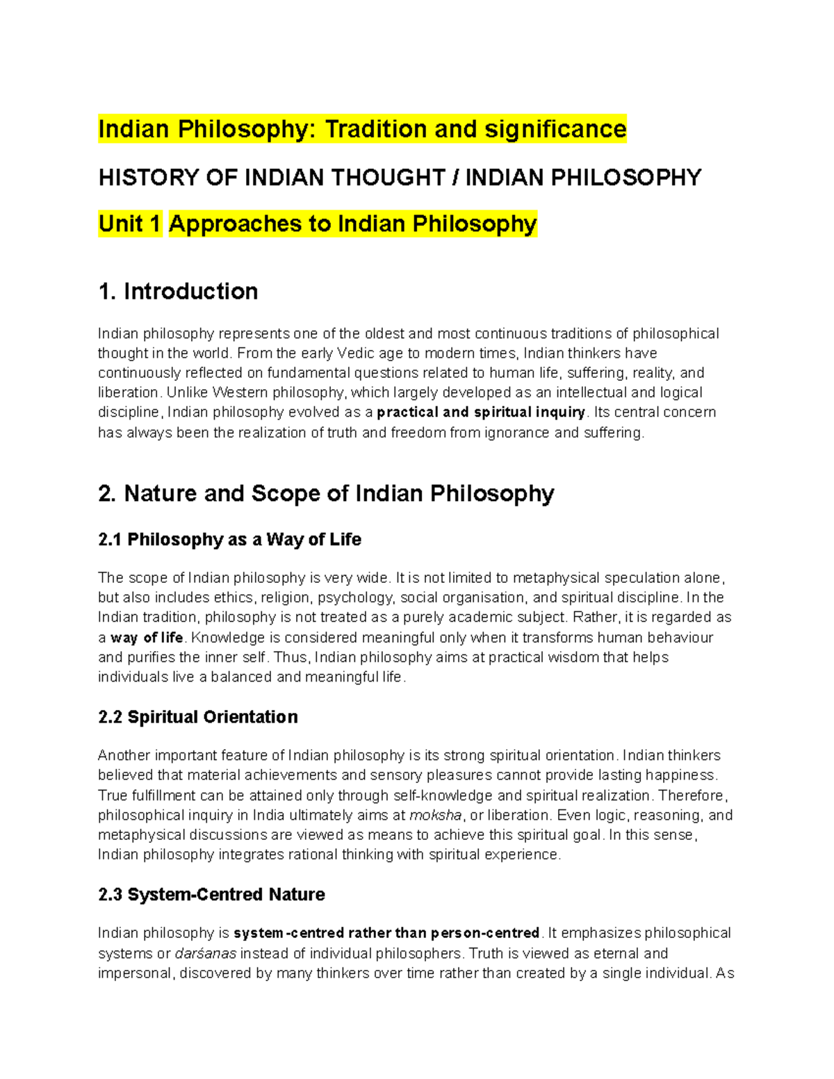 Indian Philosophy: Tradition & Significance - Unit 1 Overview - Studocu
