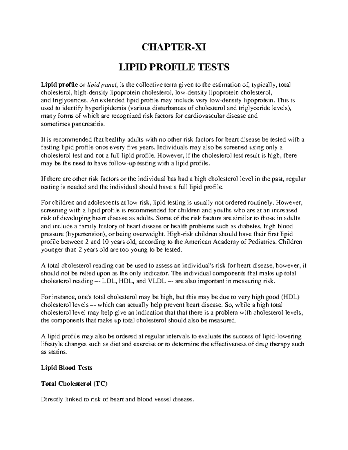 Lipid Profile Tests - Lecture Notes for CHAPTER-XI - Studocu