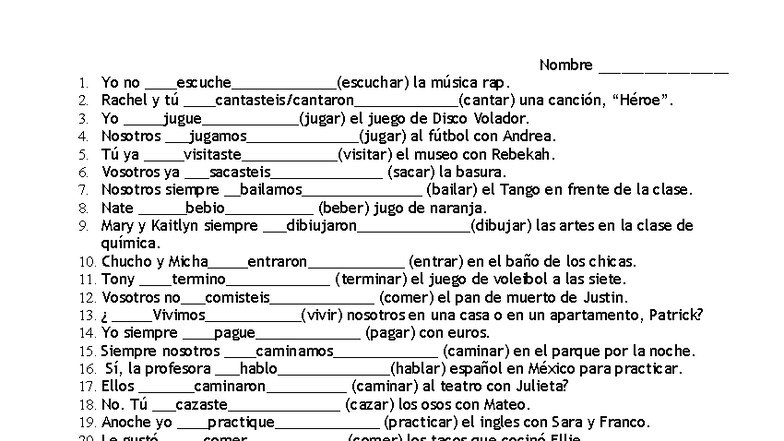 JA 1-20 Preterito Ar Er Ir Car Gar Zar: Ejercicios y Respuestas - Studocu