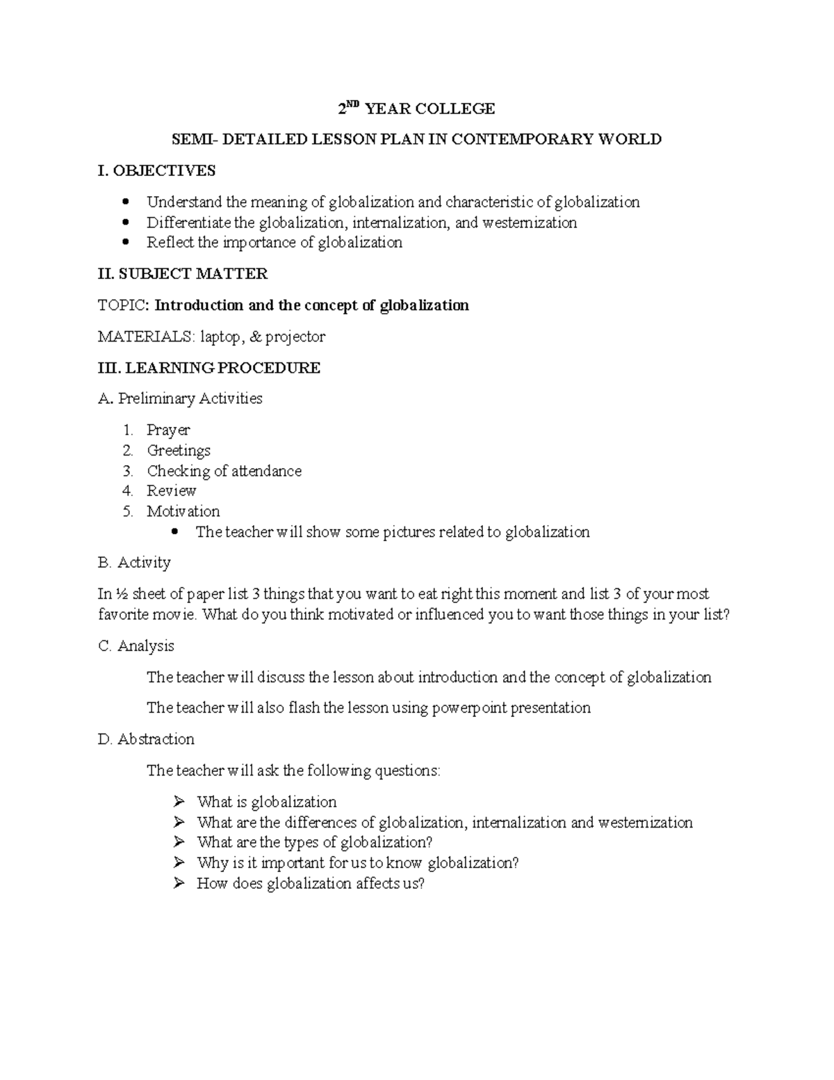 A SEMI DETAILED LESSON PLAN - 2 ND YEAR COLLEGE SEMI- DETAILED LESSON ...