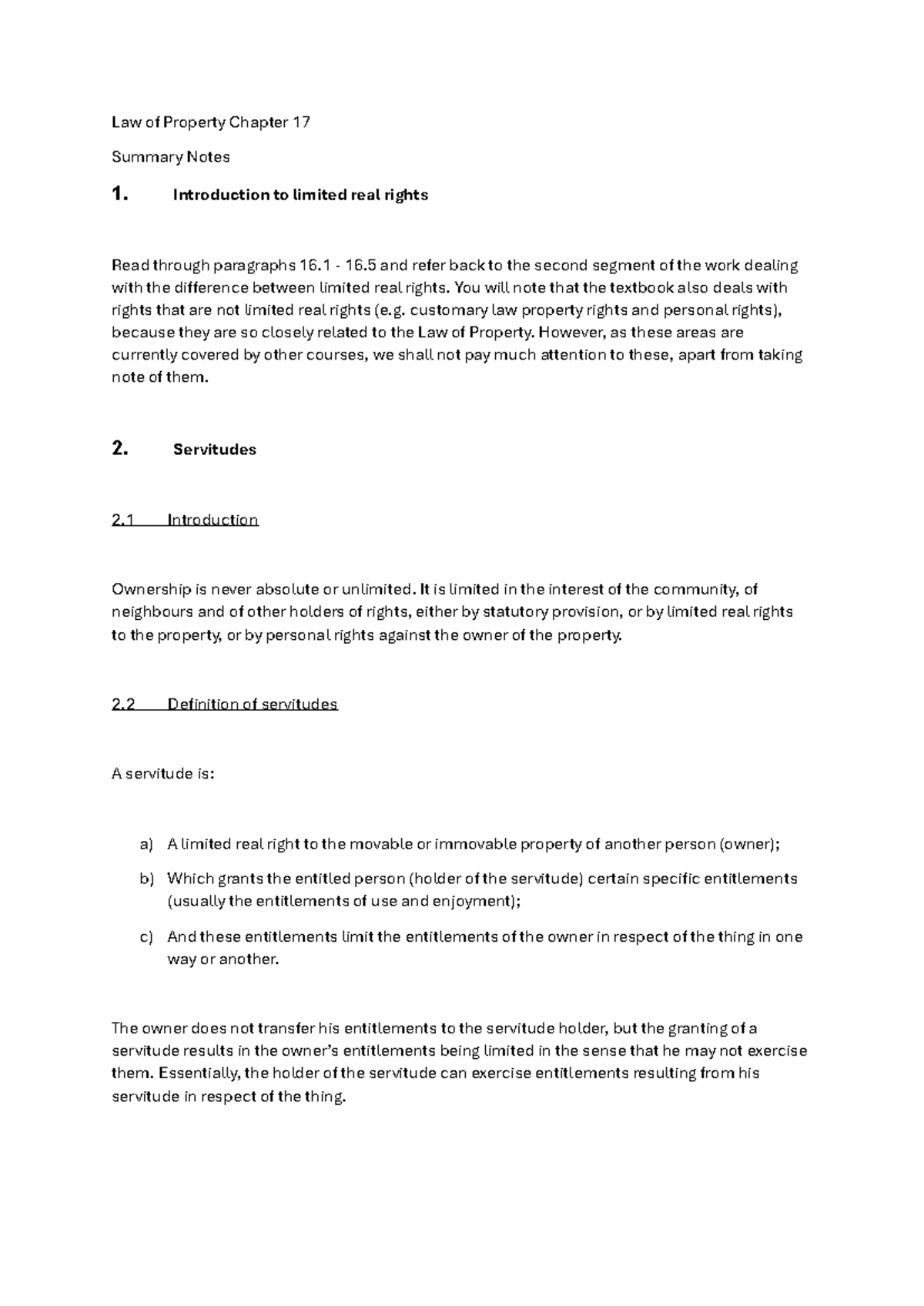 Law of Property (LP) Chapter 17: Summary of Limited Real Rights and ...