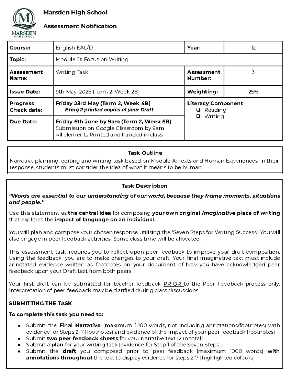 2025 HSC EALD Assessment Task 3: Focus on Writing - Studocu