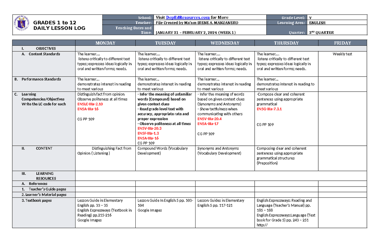 DLL English 5 Q3 W1 - Its a quarterly learning plan - GRADES 1 to 12 ...