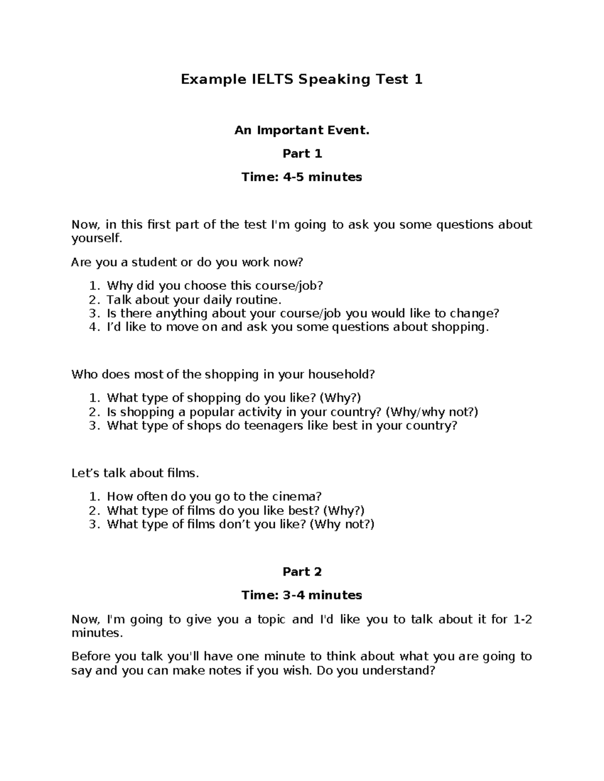 IELTS Speaking Test - Example Homework for Practice - Studocu