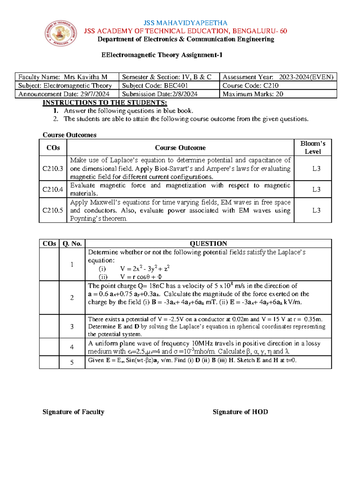 Electromagnetic Theory Assignment BEC401 - Notes for C210 Students ...