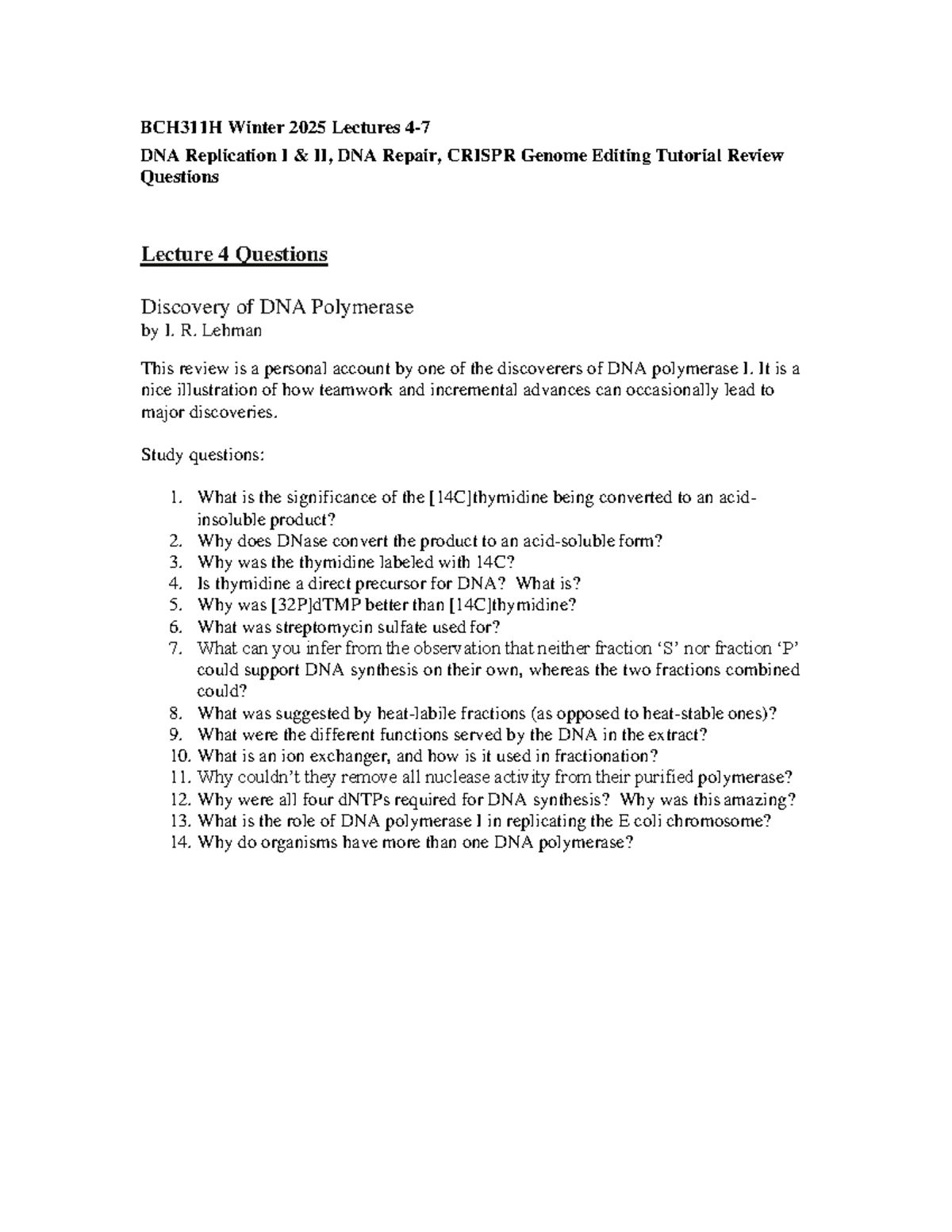 BCH311H Winter 2025 Lectures 4-7 DNA Replication & CRISPR Review ...