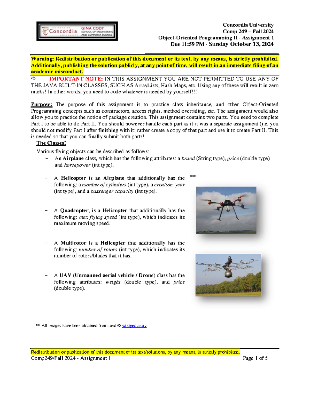 Comp249 F24 Assg1 - Assignment 1 - Redistribution or publication of this document or its - Studocu