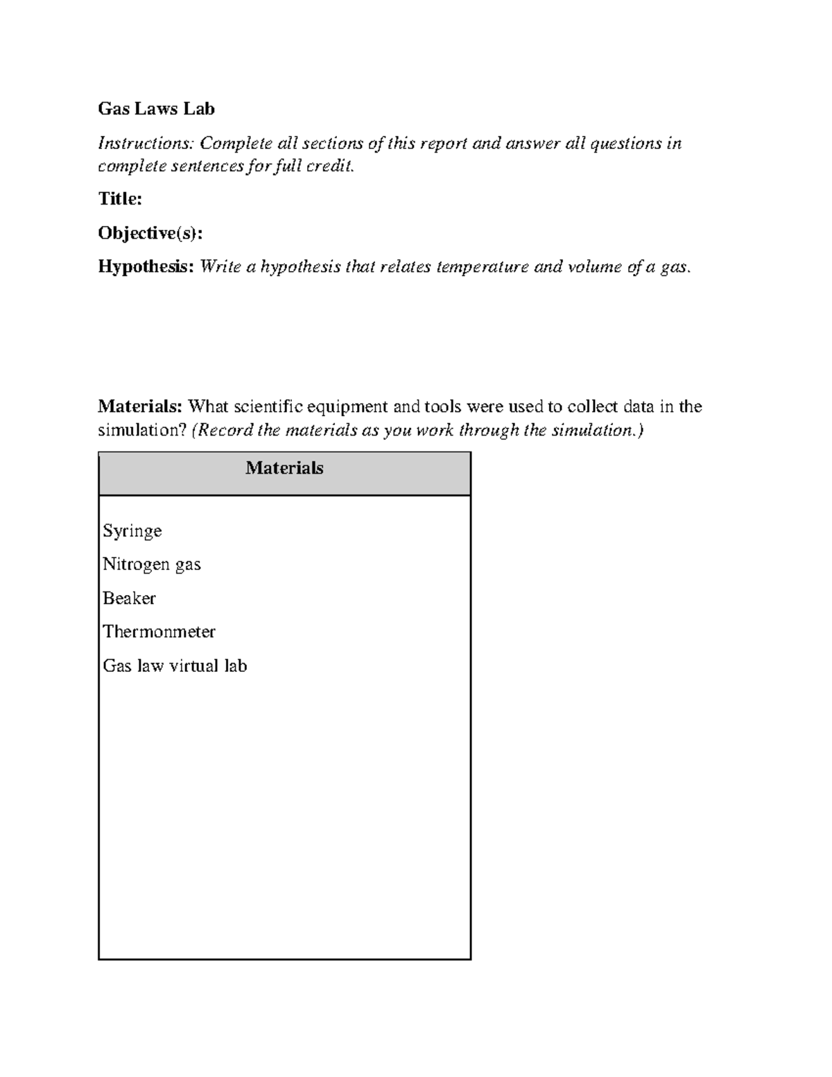 Gas Laws Lab Report (Chem 101) - Temperature vs. Volume Analysis - Studocu