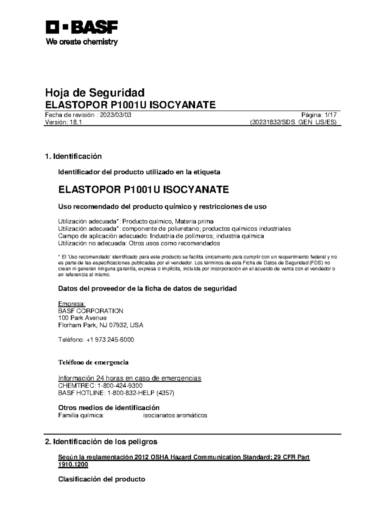 Elastopor P1001U Isocyanate Safety Data Sheet (SDS) Version 18.1 - Studocu