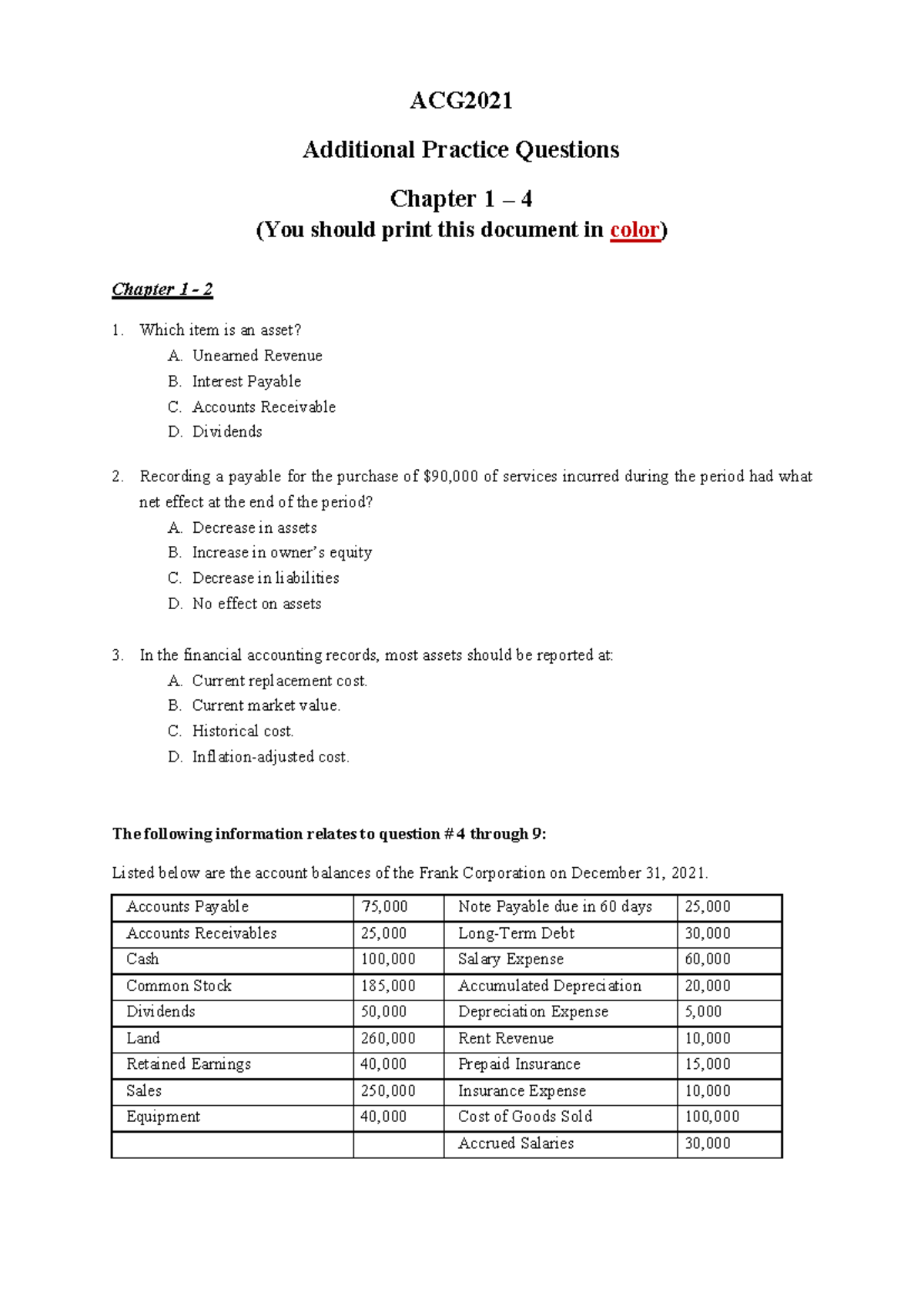 Exam 1 - Additional Practice Questions ACG2021 Chapters 1-4 Fall 2025 ...