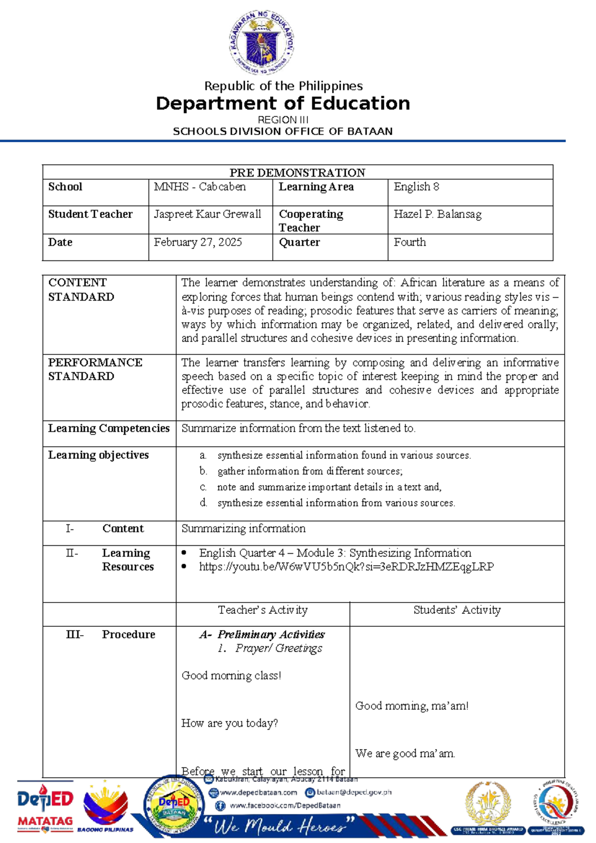 DLP Module 3 - Q4: Lesson Plan on Synthesizing Information in English 8 ...