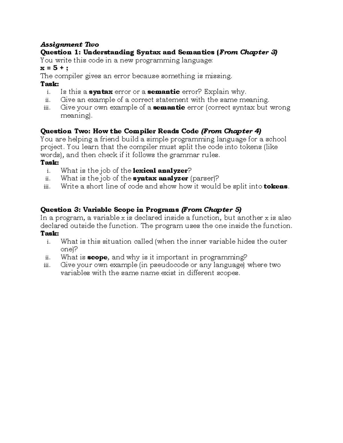 Assignment 2: Syntax, Semantics, and Compiler Analysis (Ch. 3-5) - Studocu