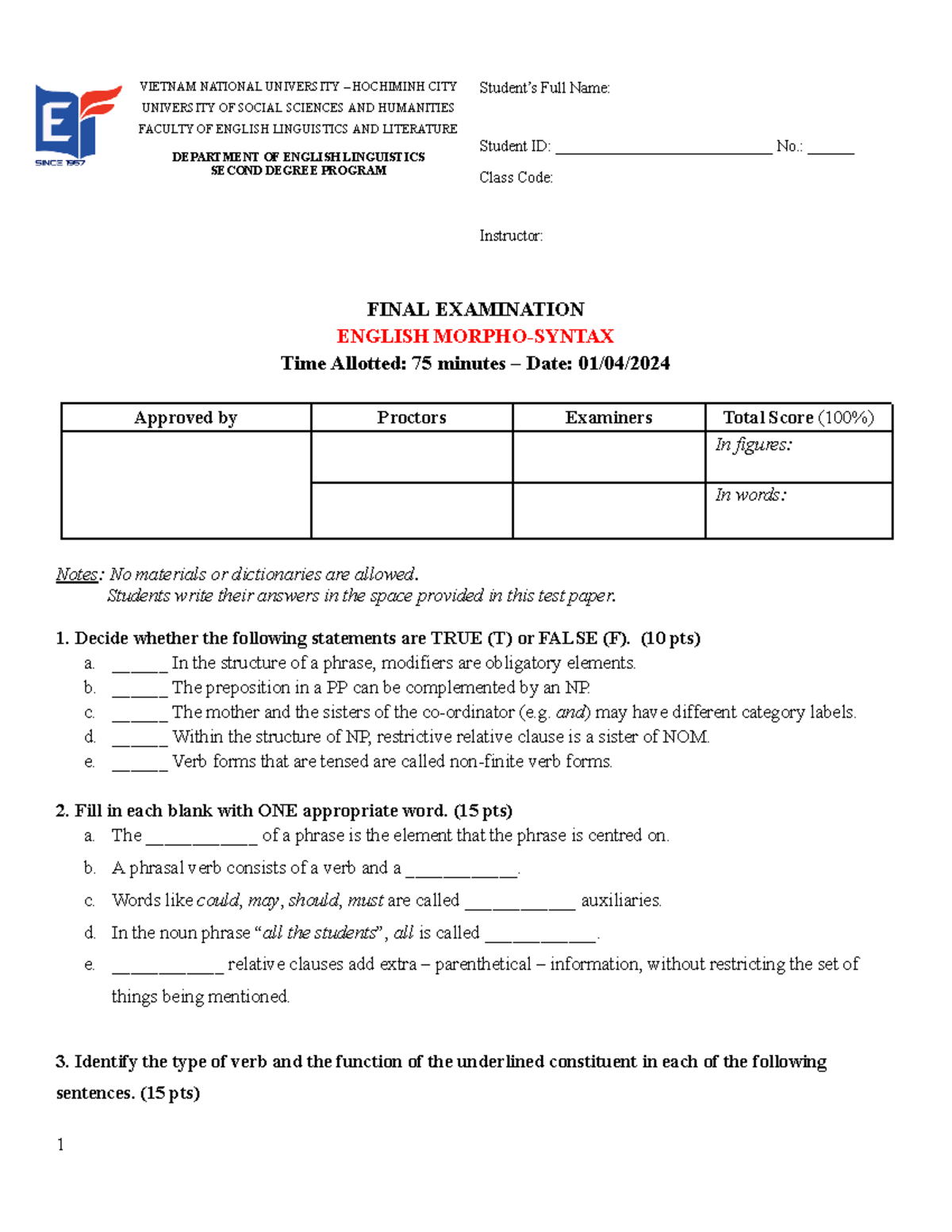 Final Exam: Syntax (Course Code: VIETNAM NATIONAL UNIVERSITY) - Studocu