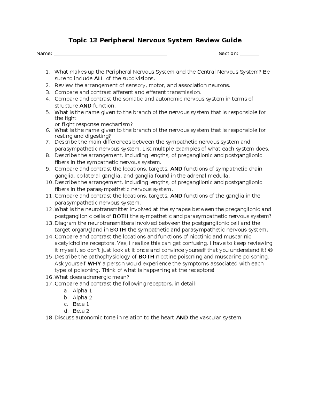 Peripheral Nervous System (PNS) Review Guide: Topic 13 Insights - Studocu