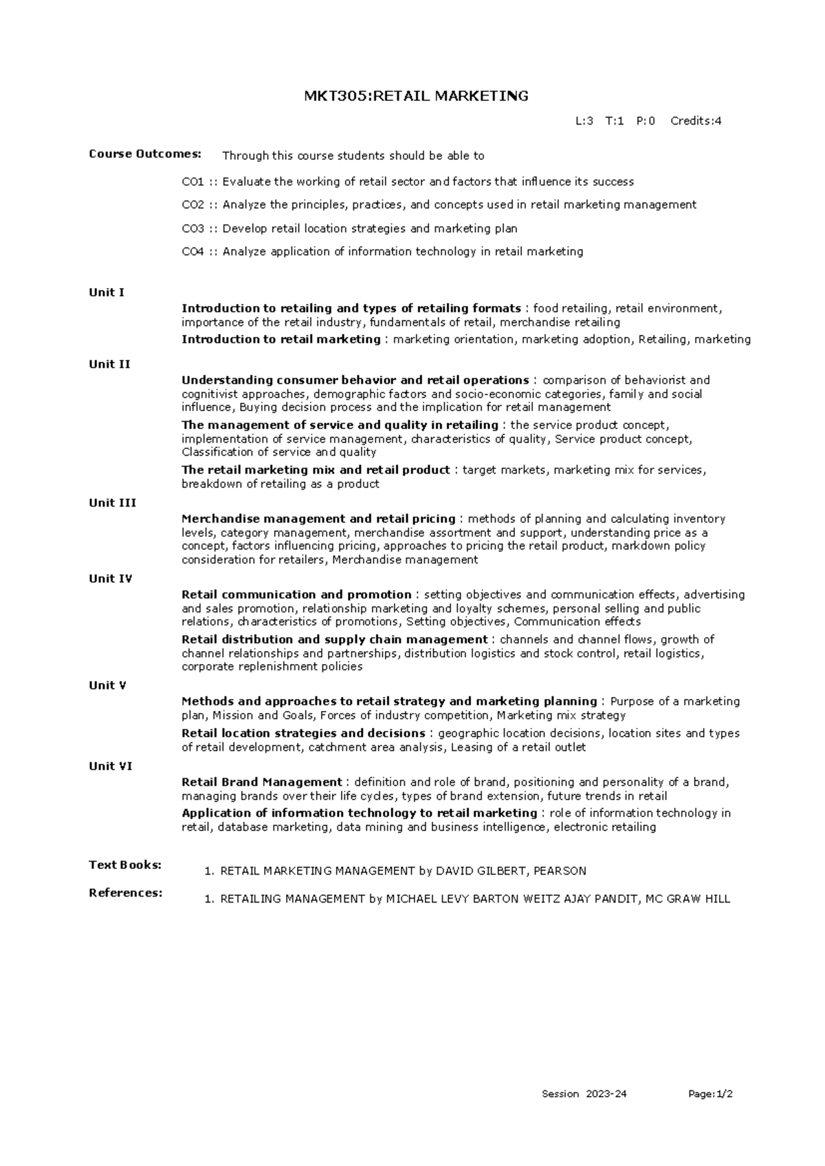 MKT 305 Syllabus 11 - MKT305:RETAIL MARKETING Course Outcomes: CO1 ...