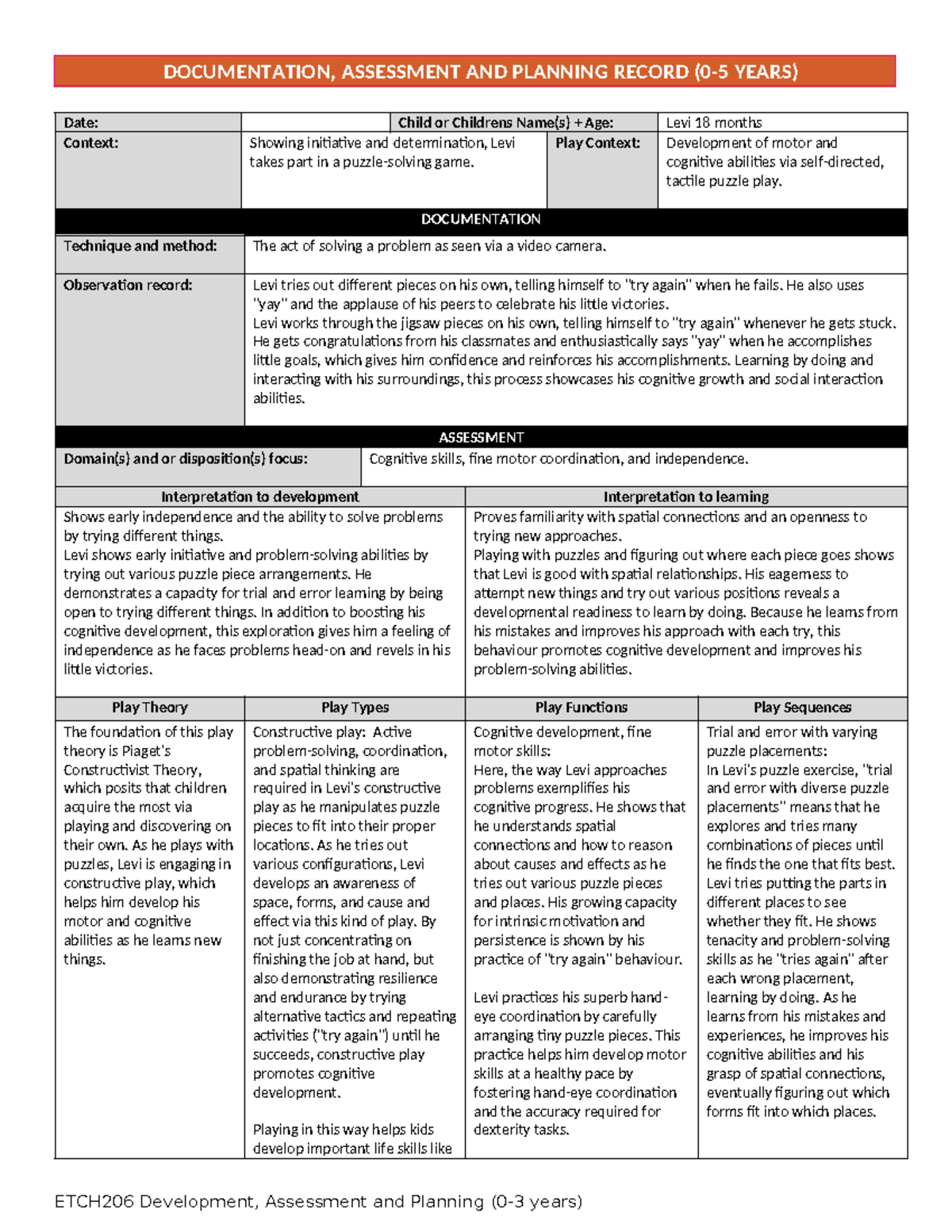 Documentation Planning and Assessment Record 0-5 years-2-4 - DOCUMENTATION, ASSESSMENT AND ...