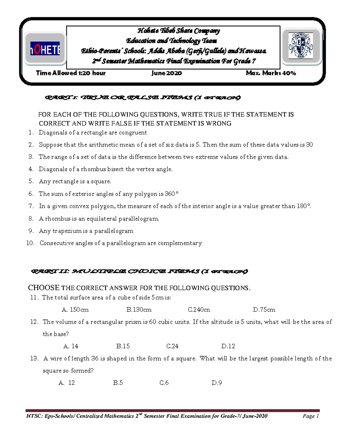 Grade 7 Mathematics HTSC 2nd Semester Final Exam June 2020 - Studocu