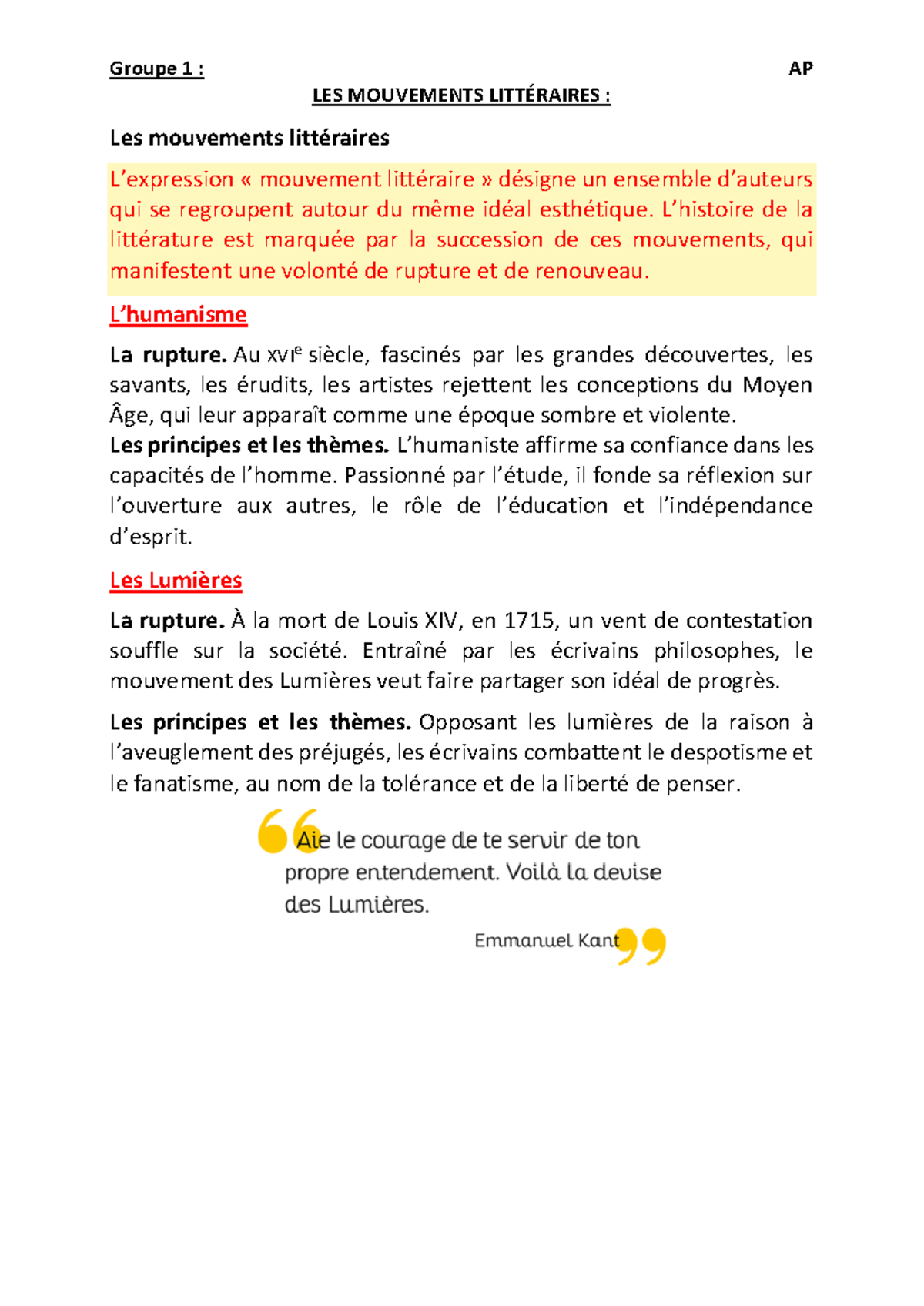 Les mouvement littéraire_2nd - Groupe 1 : AP LES MOUVEMENTS LITTÉRAIRES ...