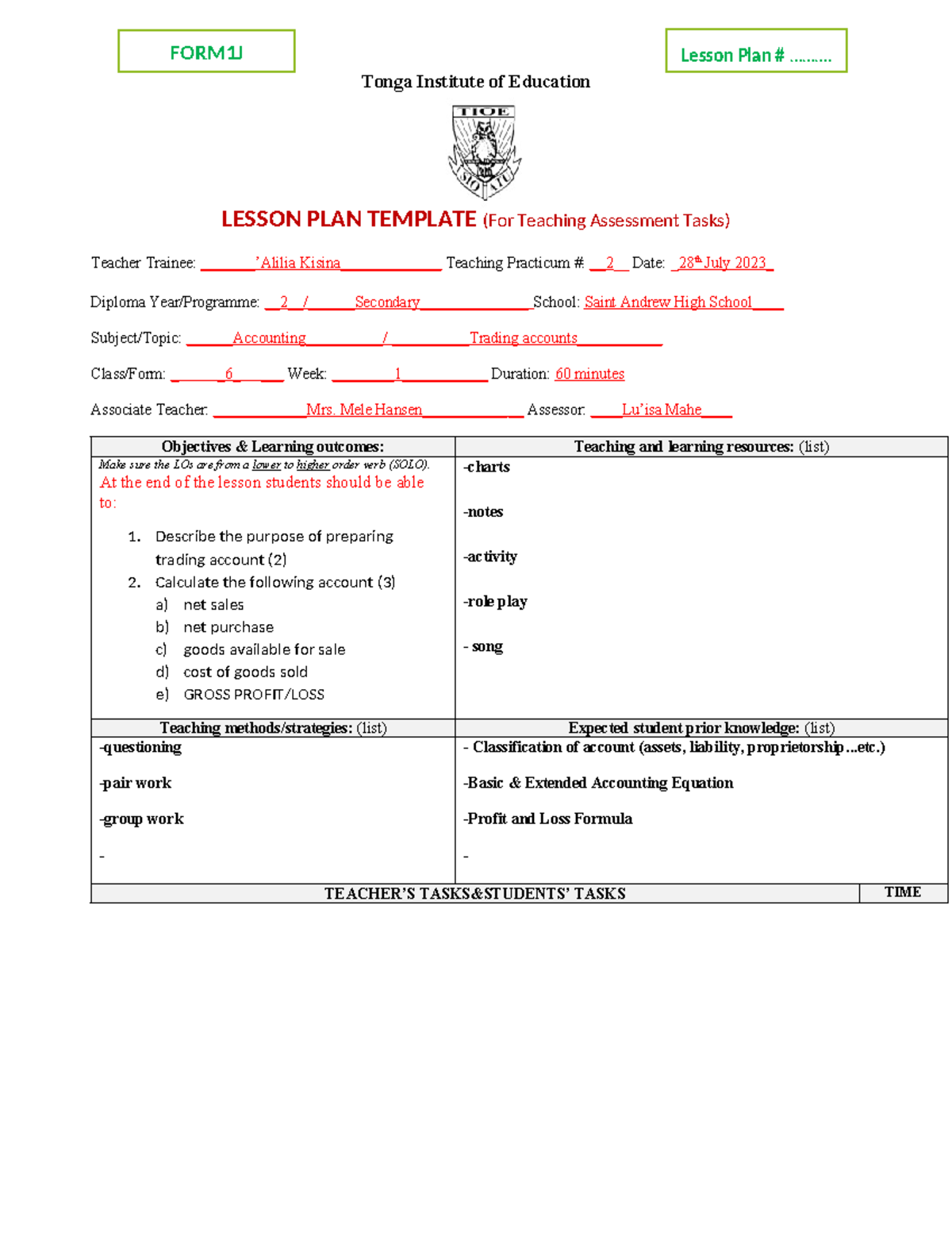 Accounting Lesson Plan: Trading Accounts for Class 6 (Diploma Year 2 ...