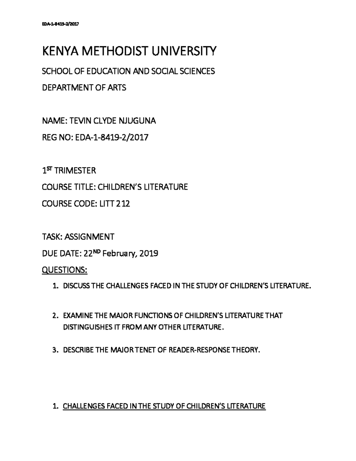 LITT 212: Challenges and Functions of Children's Literature - Studocu