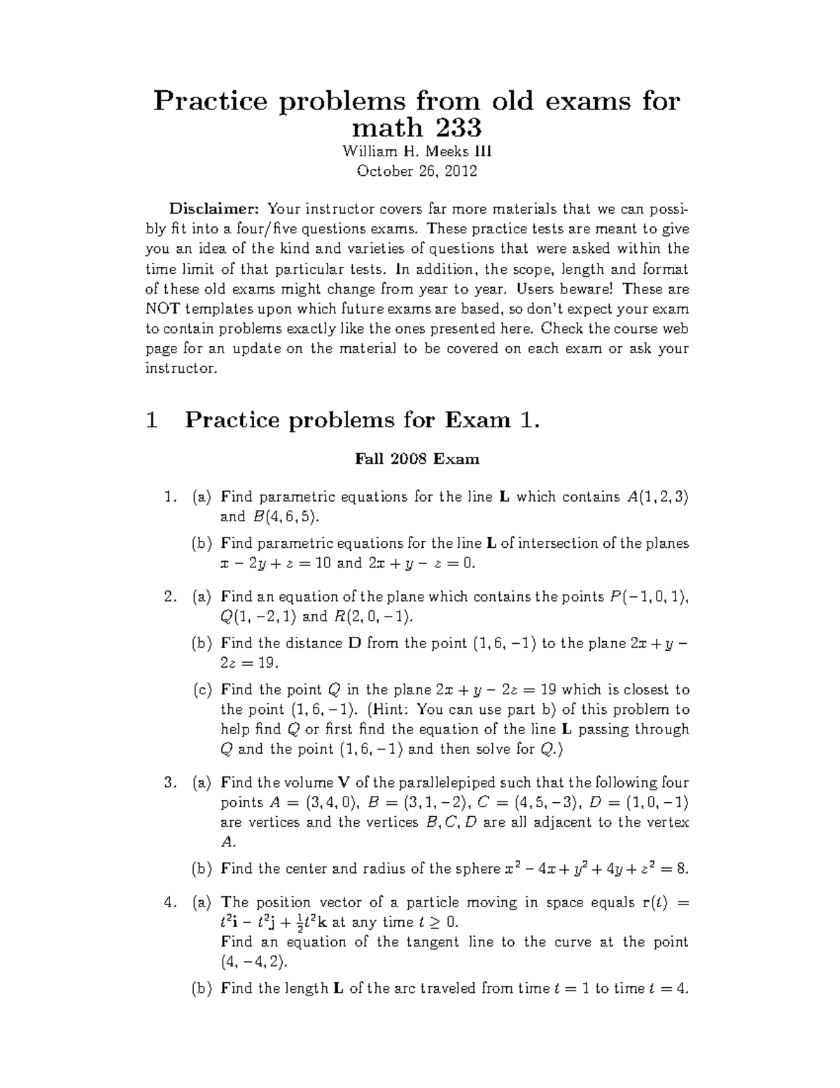 Math 233: Calc 3 Midterm Exam 1 Review Problems - Studocu