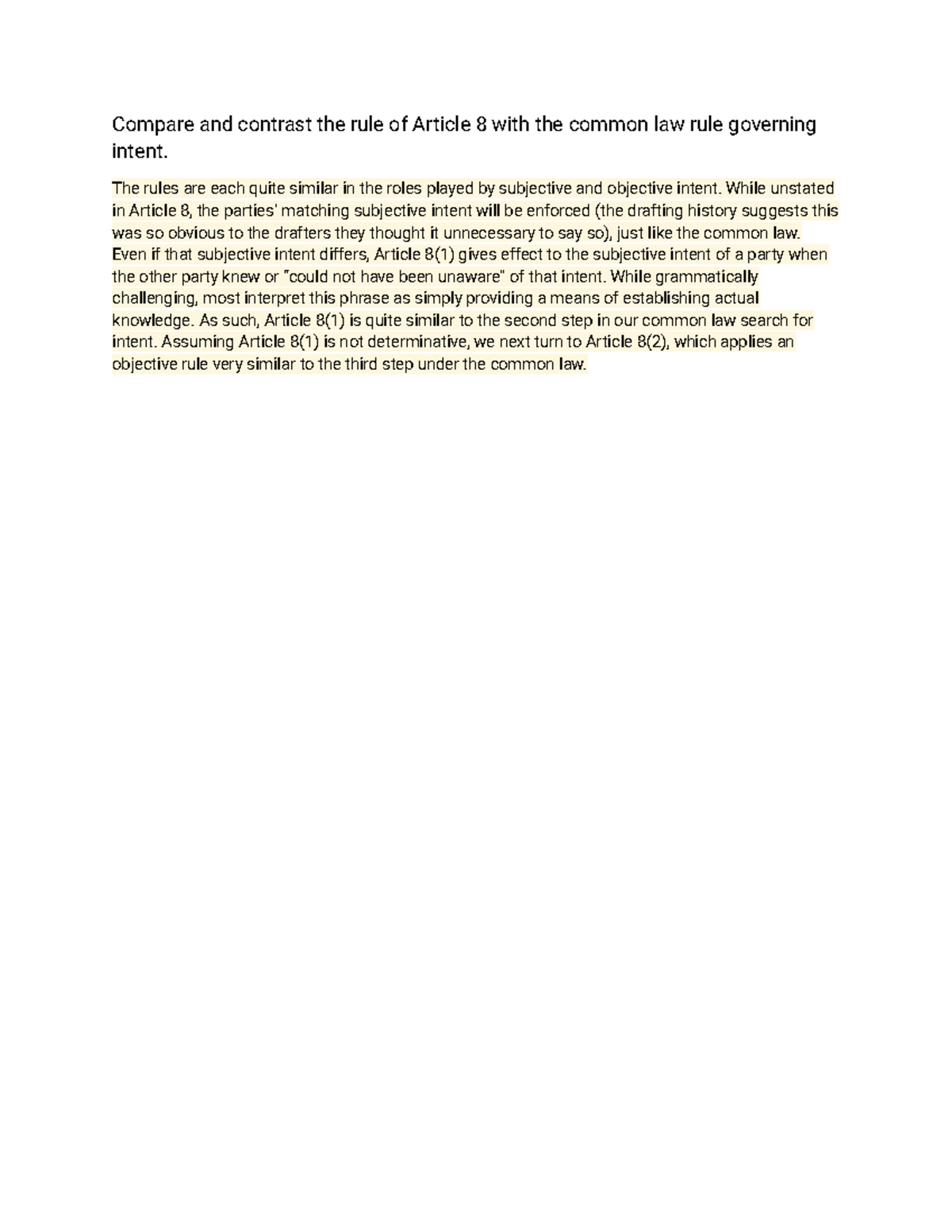 Article 8 vs. Common Law Intent: A Comparative Analysis - Studocu