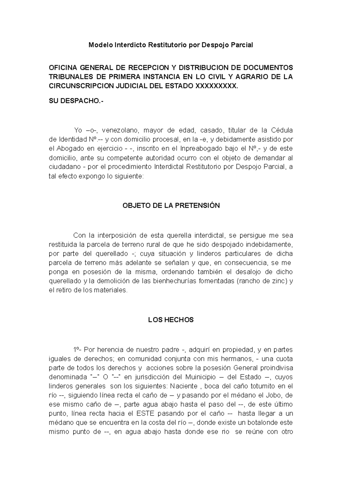 Modelo de Querella Interdictal Restitutorio por Despojo Parcial - Studocu