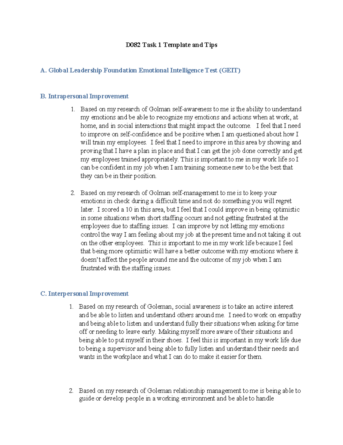 D082 Task 1-2: Enhancing Emotional Intelligence in Leadership - Studocu