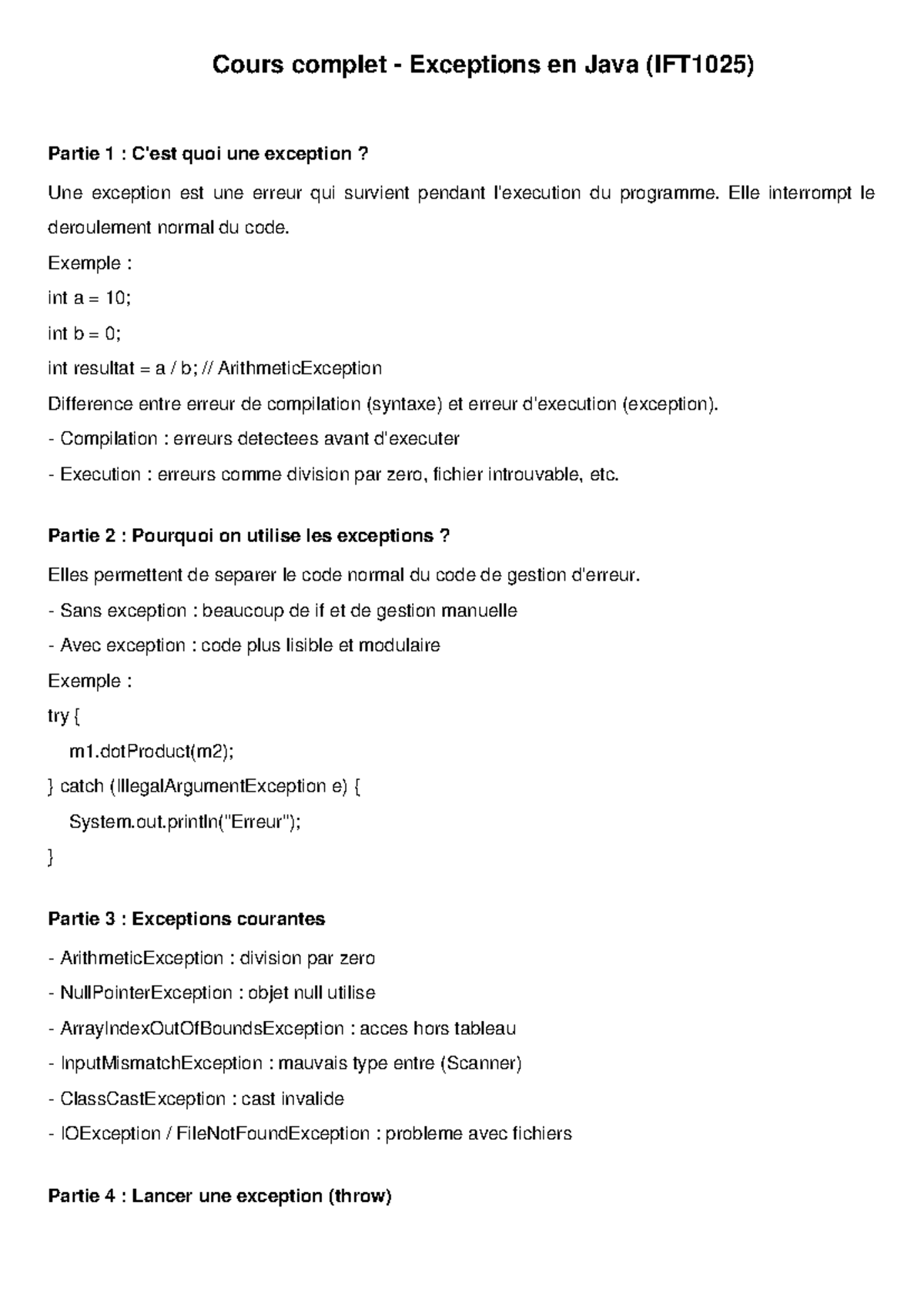 Cours Complet sur les Exceptions en Java (IFT1025) - Studocu