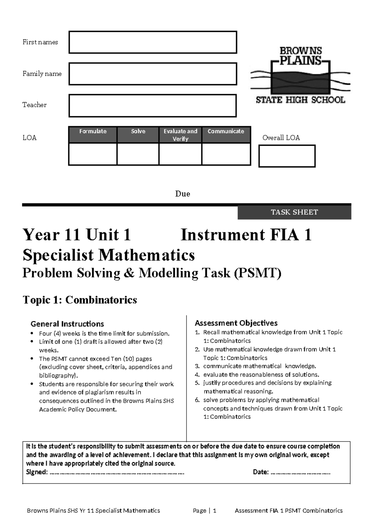SM FIA 1 Unit 1 Combinatorics PSMT Task on Game Design - Studocu