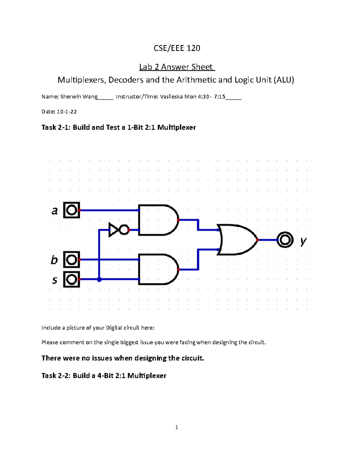 CSE120 Lab 2 Writeup: Multiplexers and ALU Design Summary - Studocu