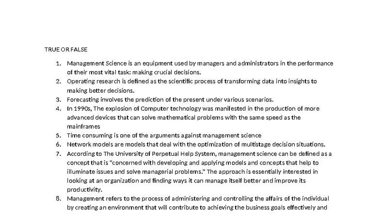 Mansci QUIZ: True or False & Multiple Choice Questions - Studocu