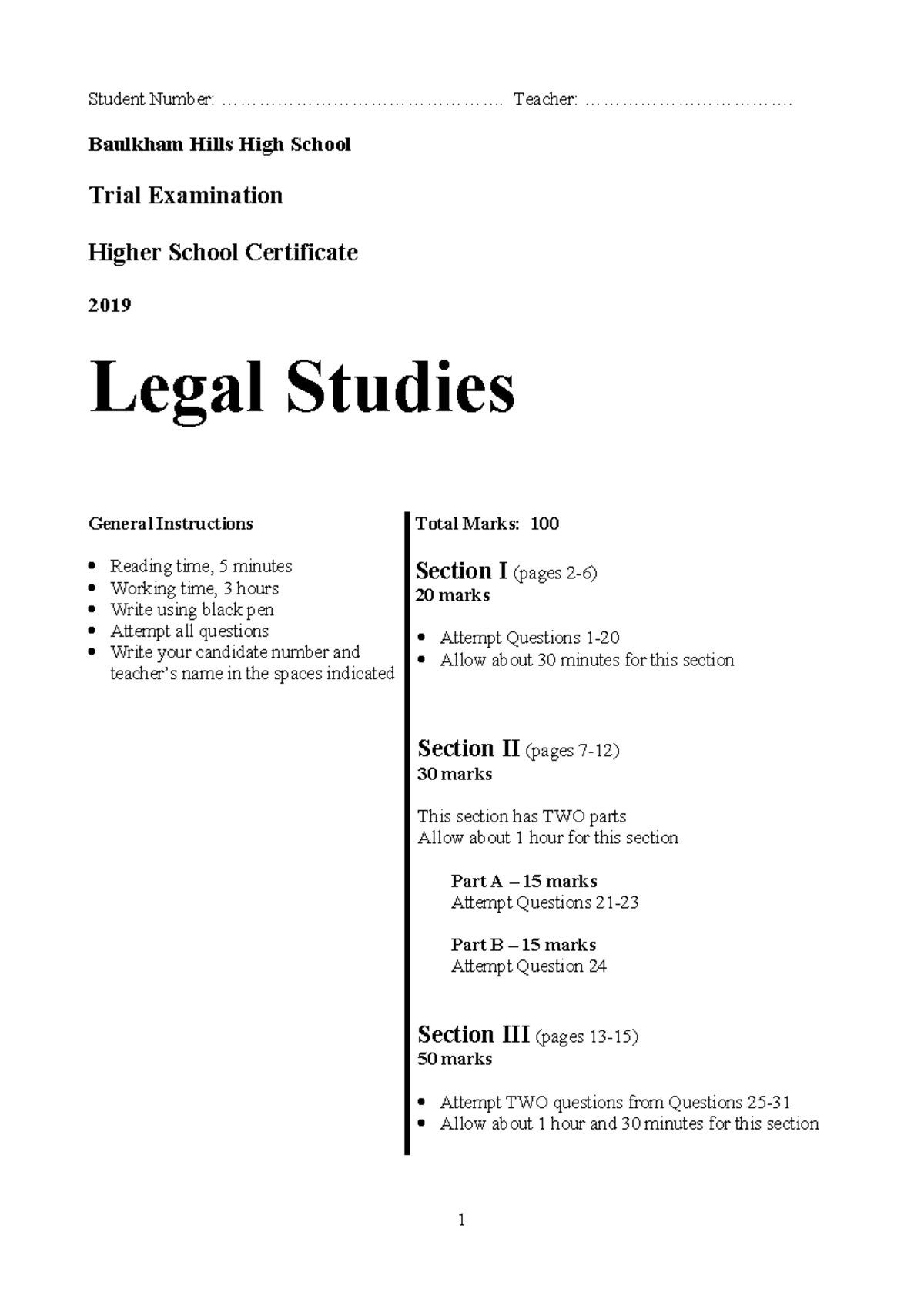Y12 HSC Trial Exam Legal Studies Paper 2019 - All Sections - Studocu