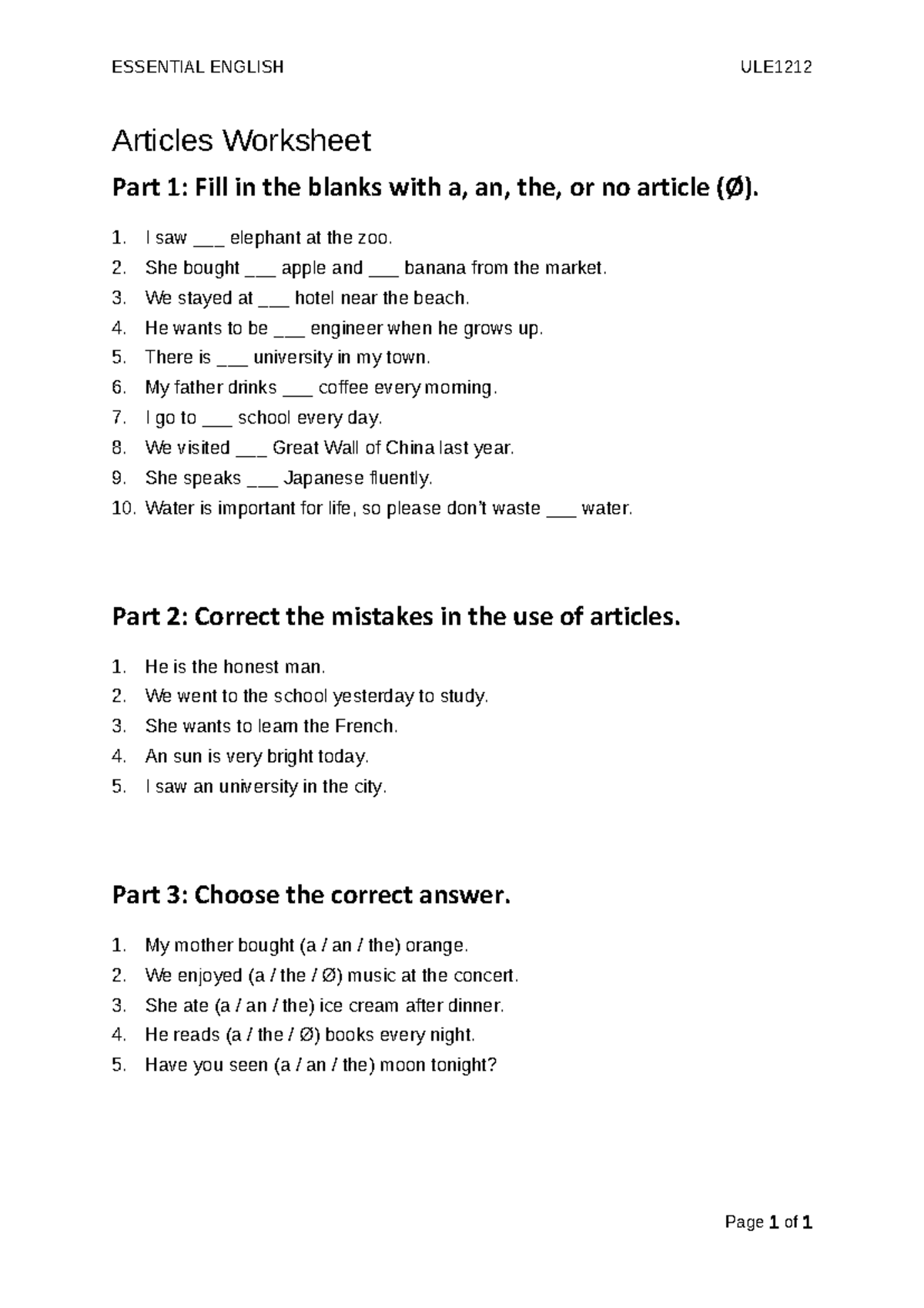 ULE1212 Articles Worksheet: Fill in the Blanks & Corrections - Studocu