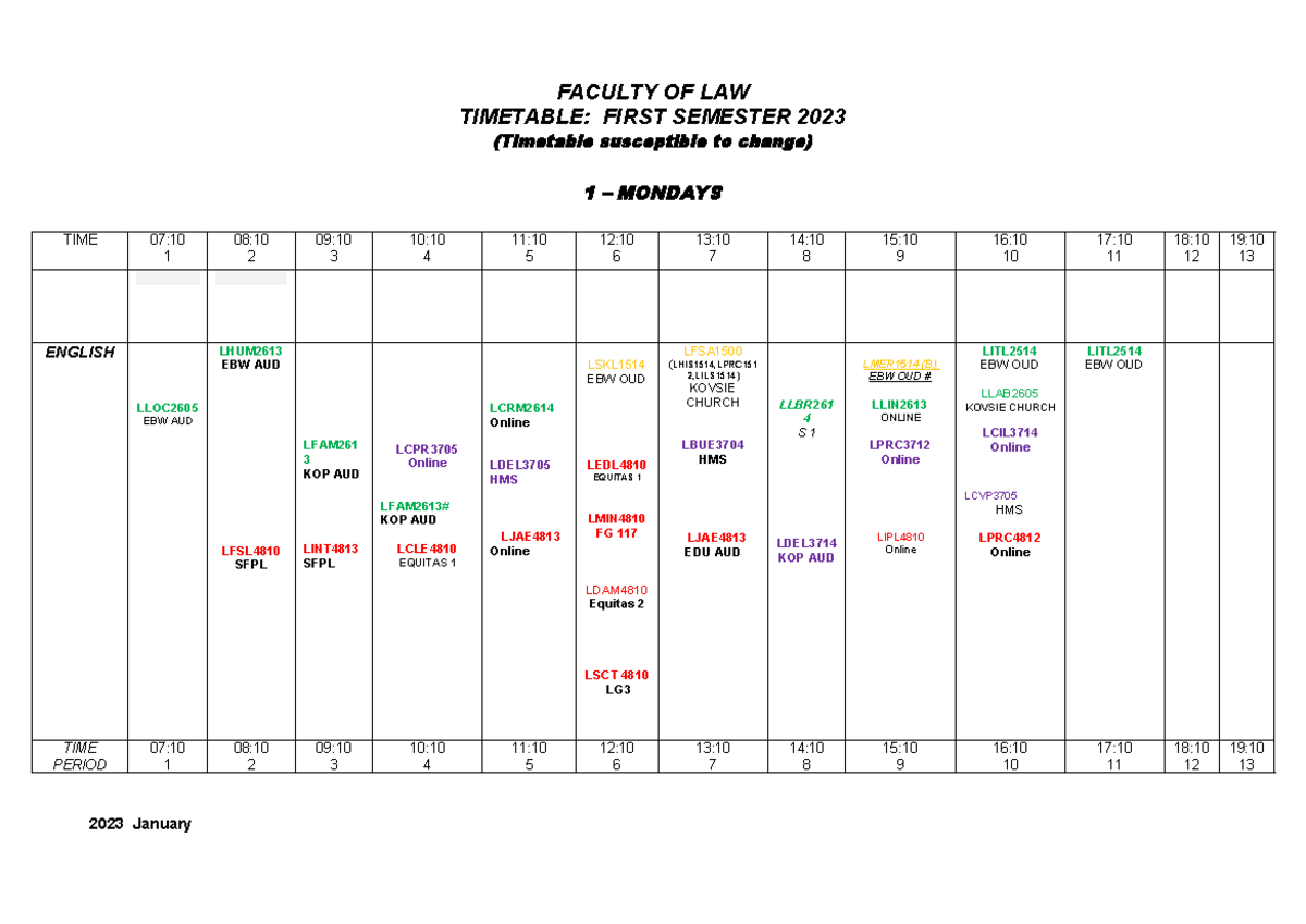 1st Sem Class Time Table 2023 - FACULTY OF LAW TIMETABLE: FIRST ...