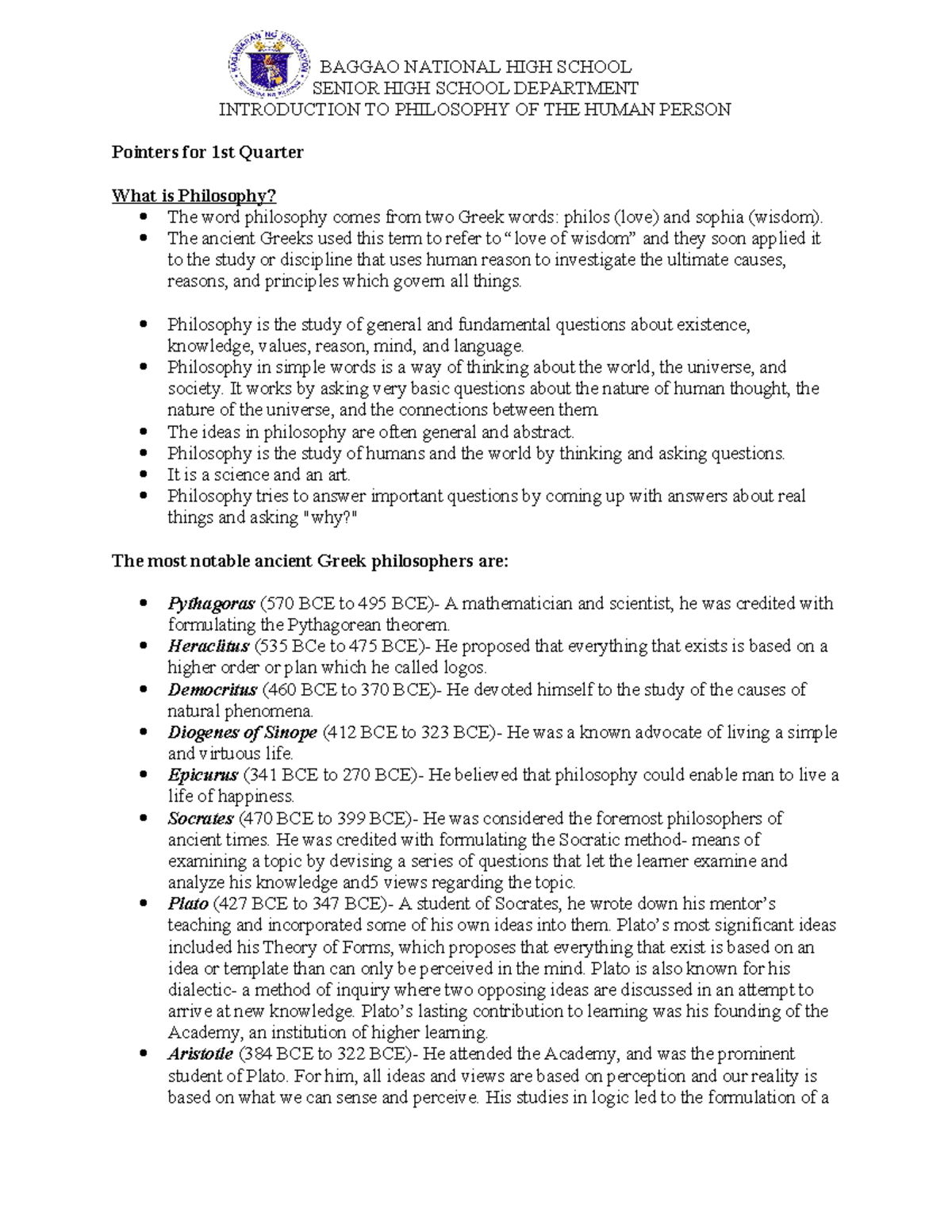 Pointers for PHILO 101: 1st Quarter Study Guide - Studocu
