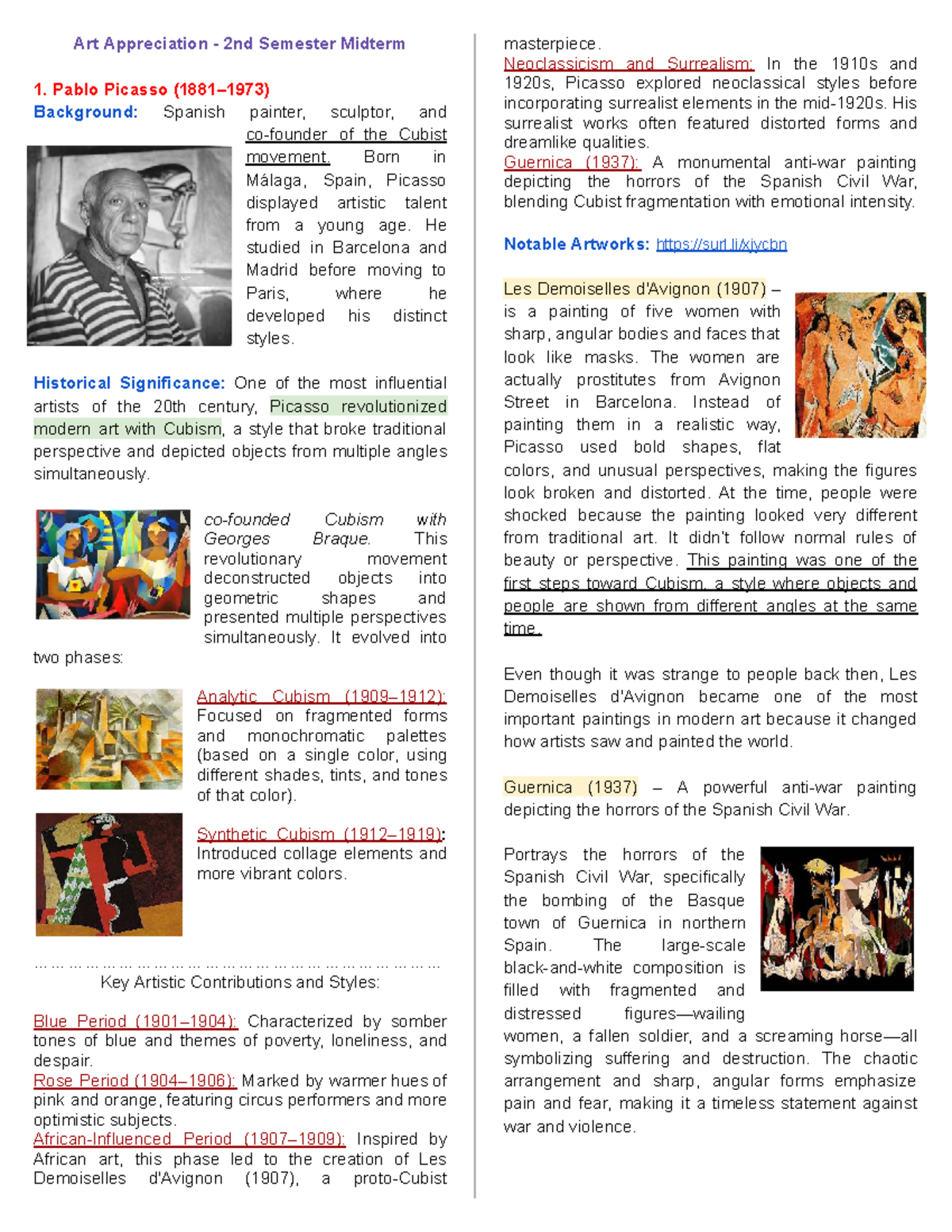 Art appreciation 2nd semester midterm 1 study notes on famous artists ...