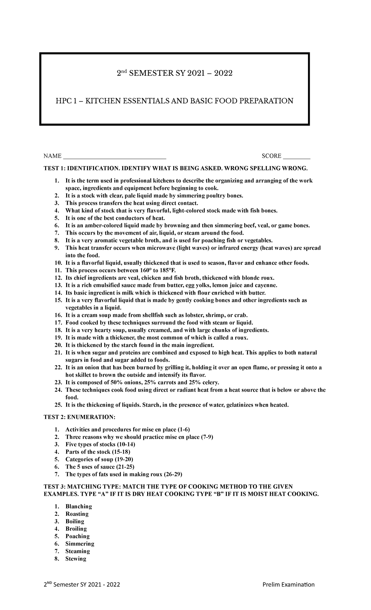 HPC 1 – Kitchen Essentials: Prelim Exam Study Guide SY 2021-2022 - Studocu