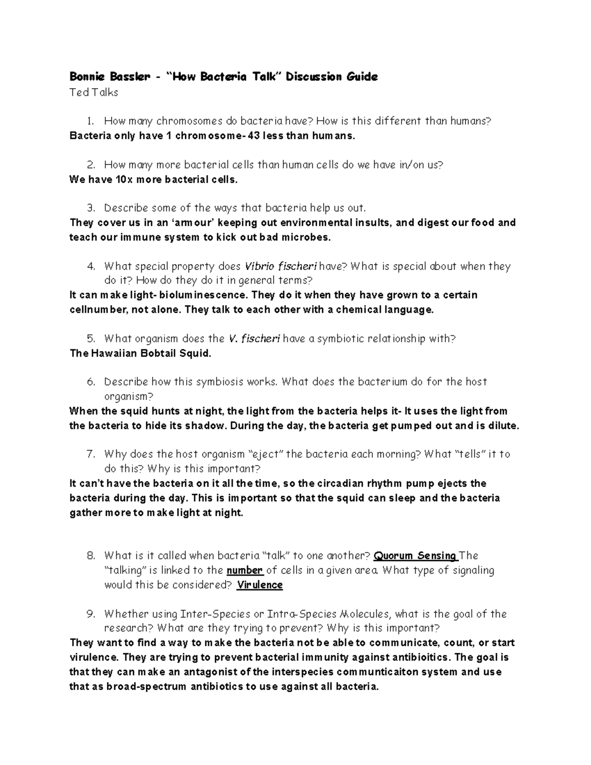 Ryan Bonnie Bassler - Ted Talk: Quorum Sensing Discussion Guide - Studocu