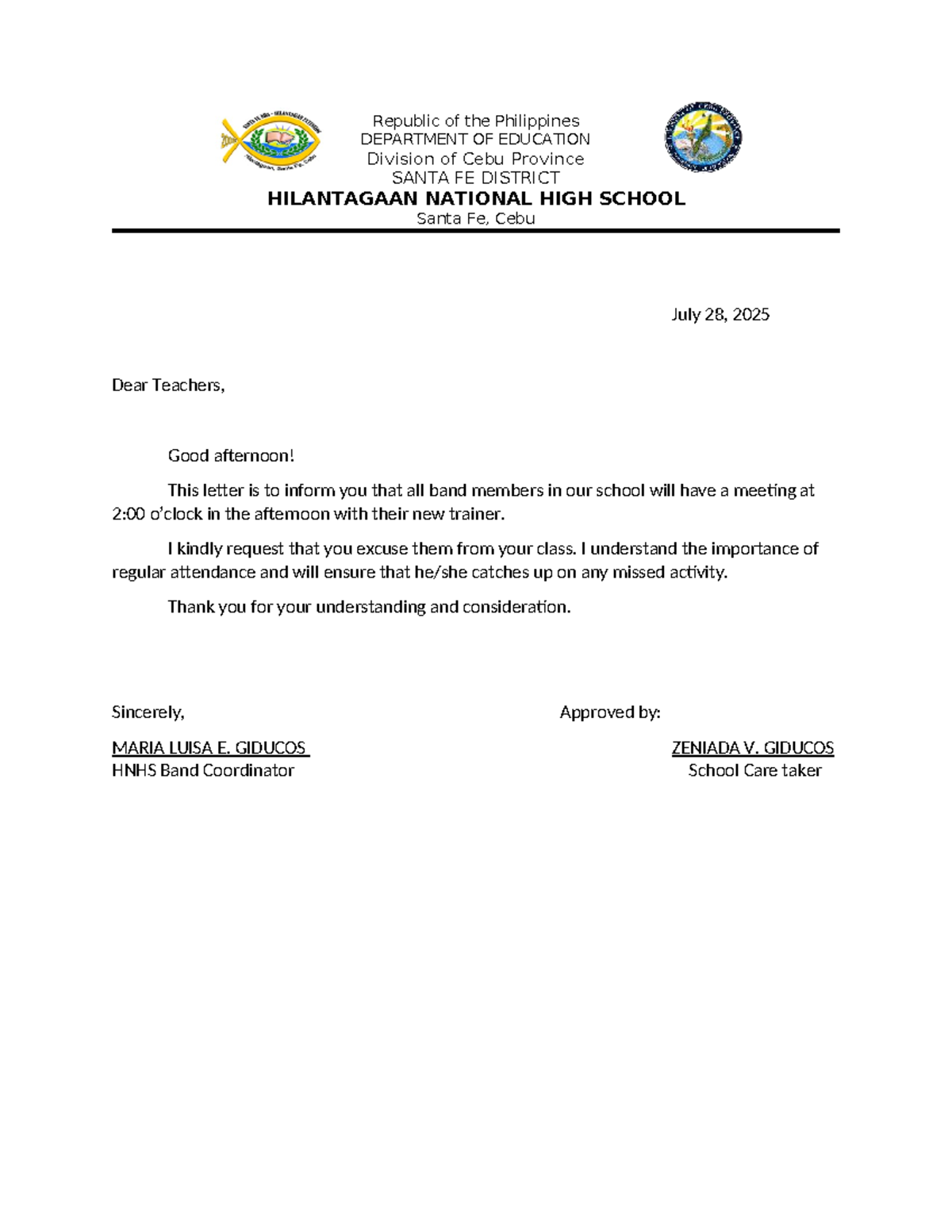 Excuse Letter for BAND Members Meeting - HNHS - Studocu