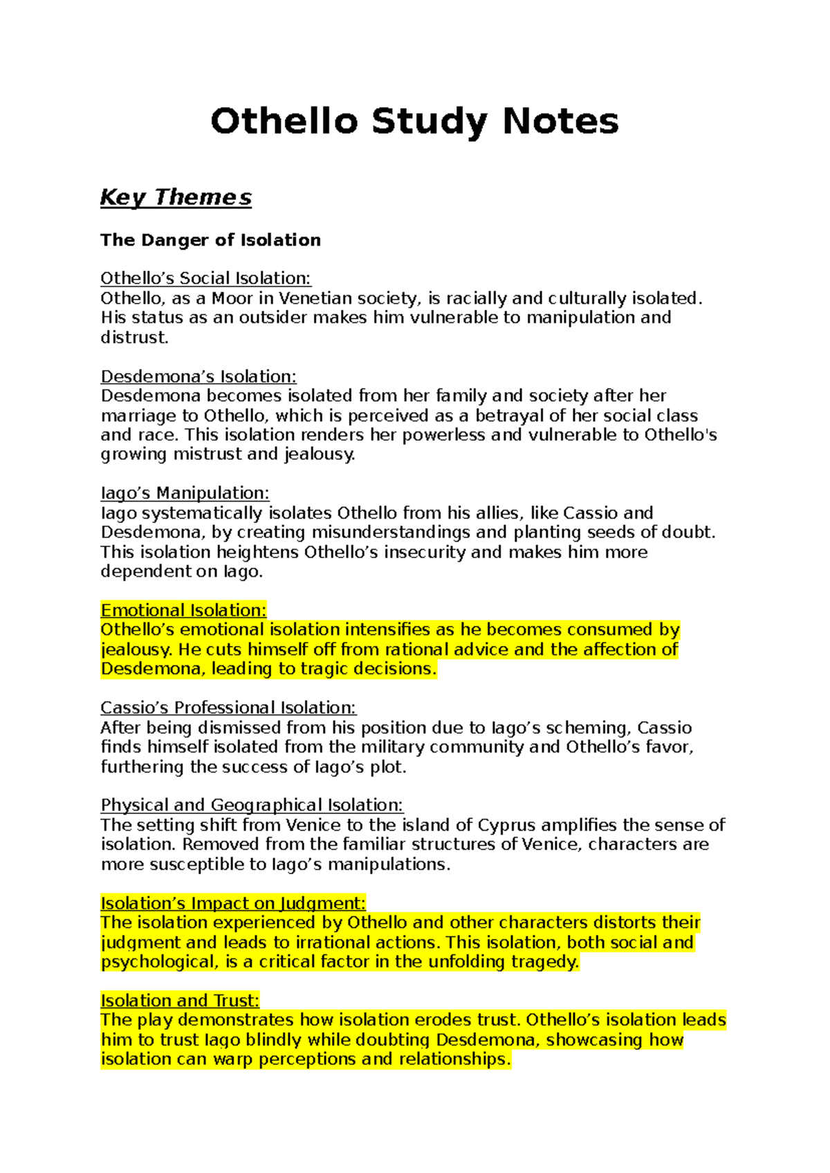 Othello (ENGL 101) Final Study Notes: Themes of Isolation and Jealousy ...