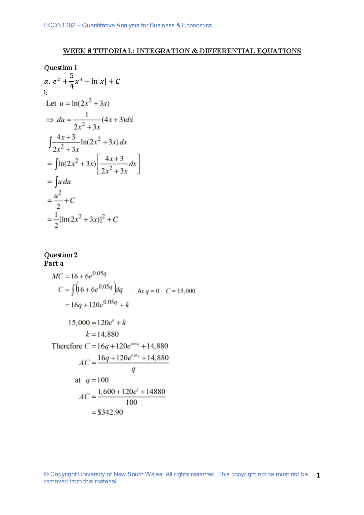 ECON1202 Week 8 Tutorial Solutions: Integration & Differential ...