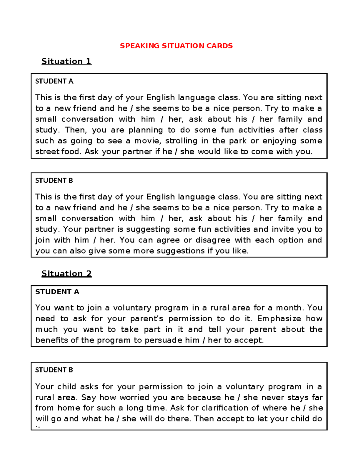Speaking Situation Cards for TACB2 VT2207C: Engaging Conversations ...