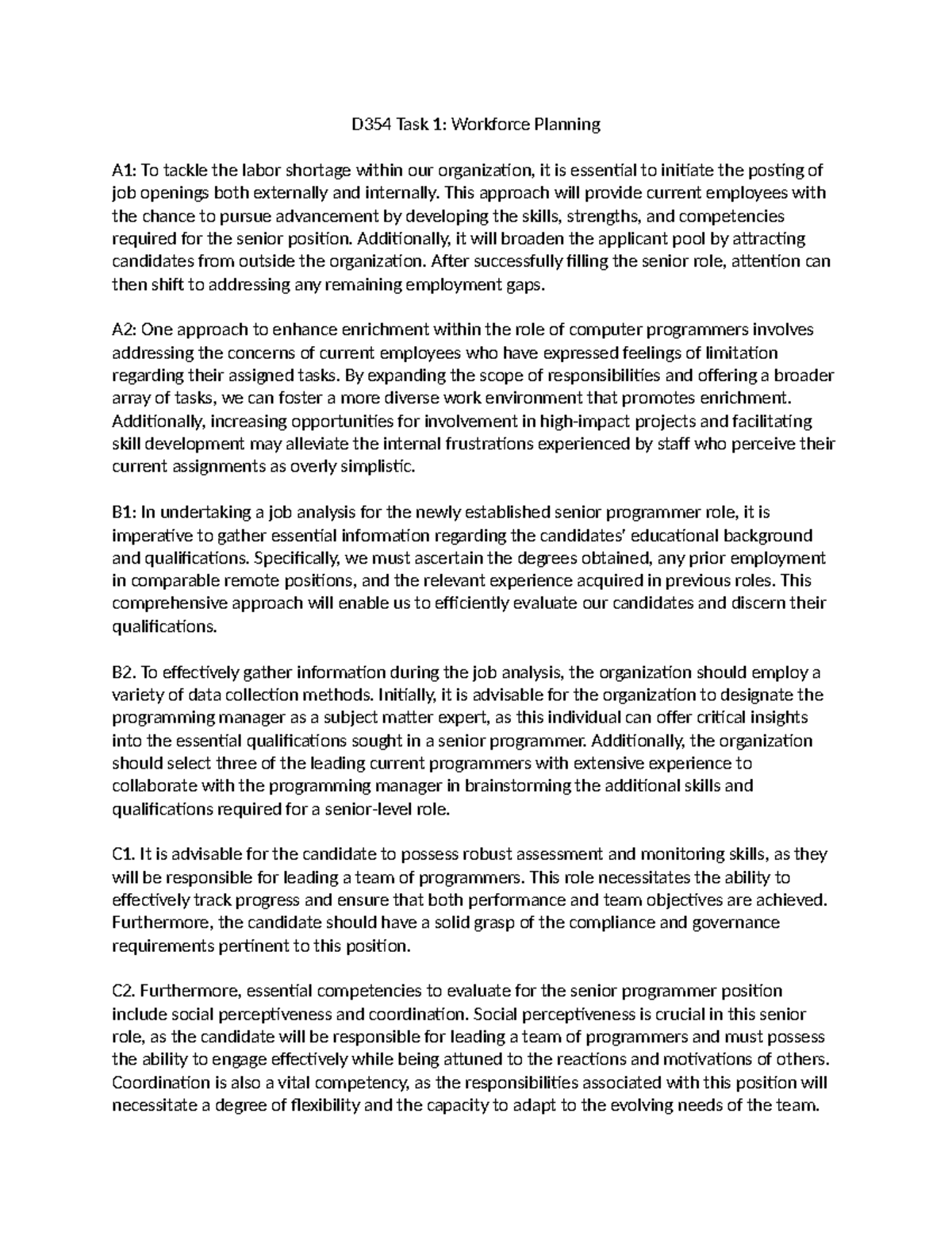 D354 Task 1: Workforce Planning and Role Enhancement Strategies - Studocu