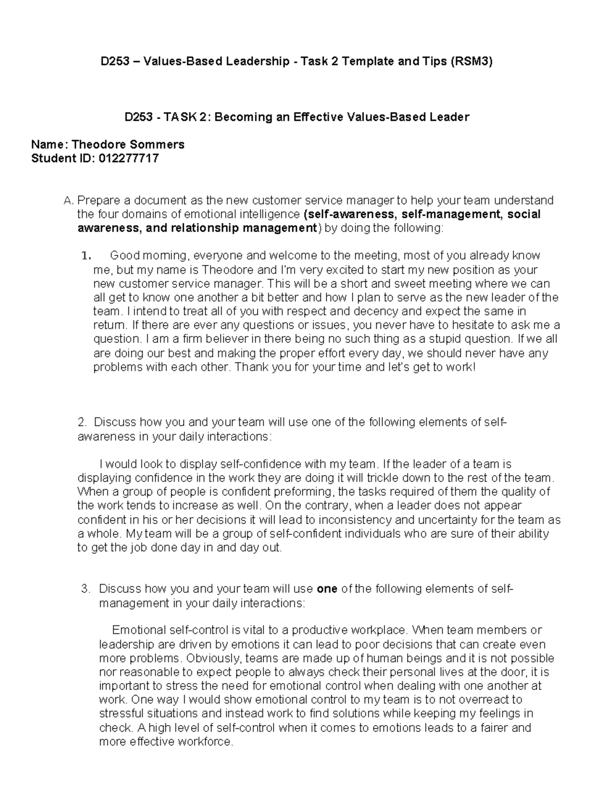 D253 Task 2: Values-Based Leadership - Emotional Intelligence Insights ...