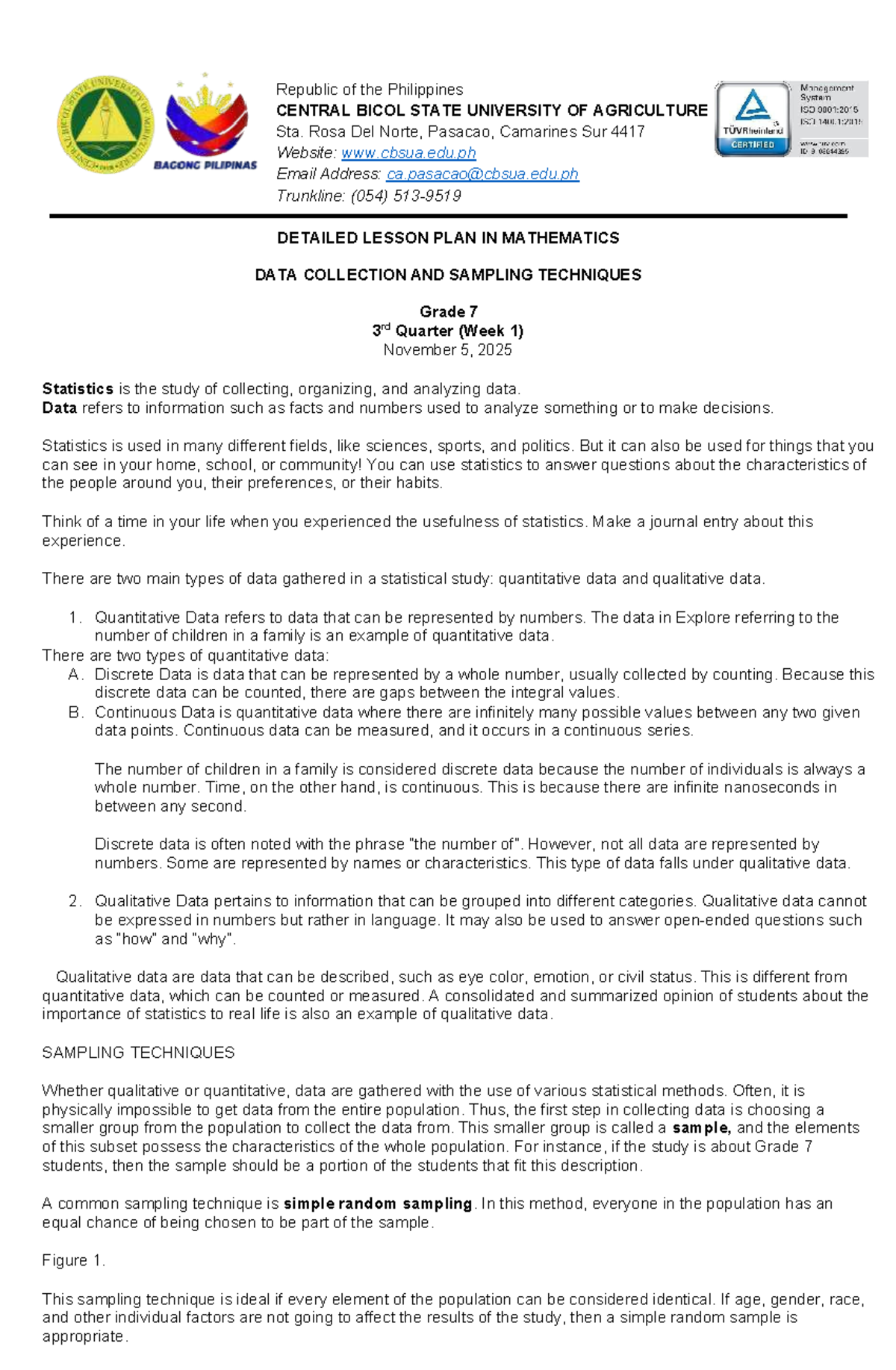 Detailed Lesson Plan in Mathematics: Data Collection & Sampling ...
