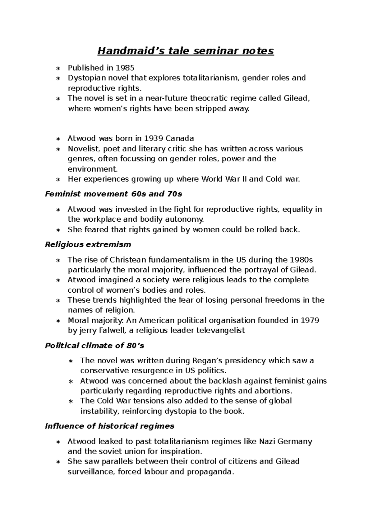 Handmaid context - Handmaid’s tale seminar notes Published in 1985 ...