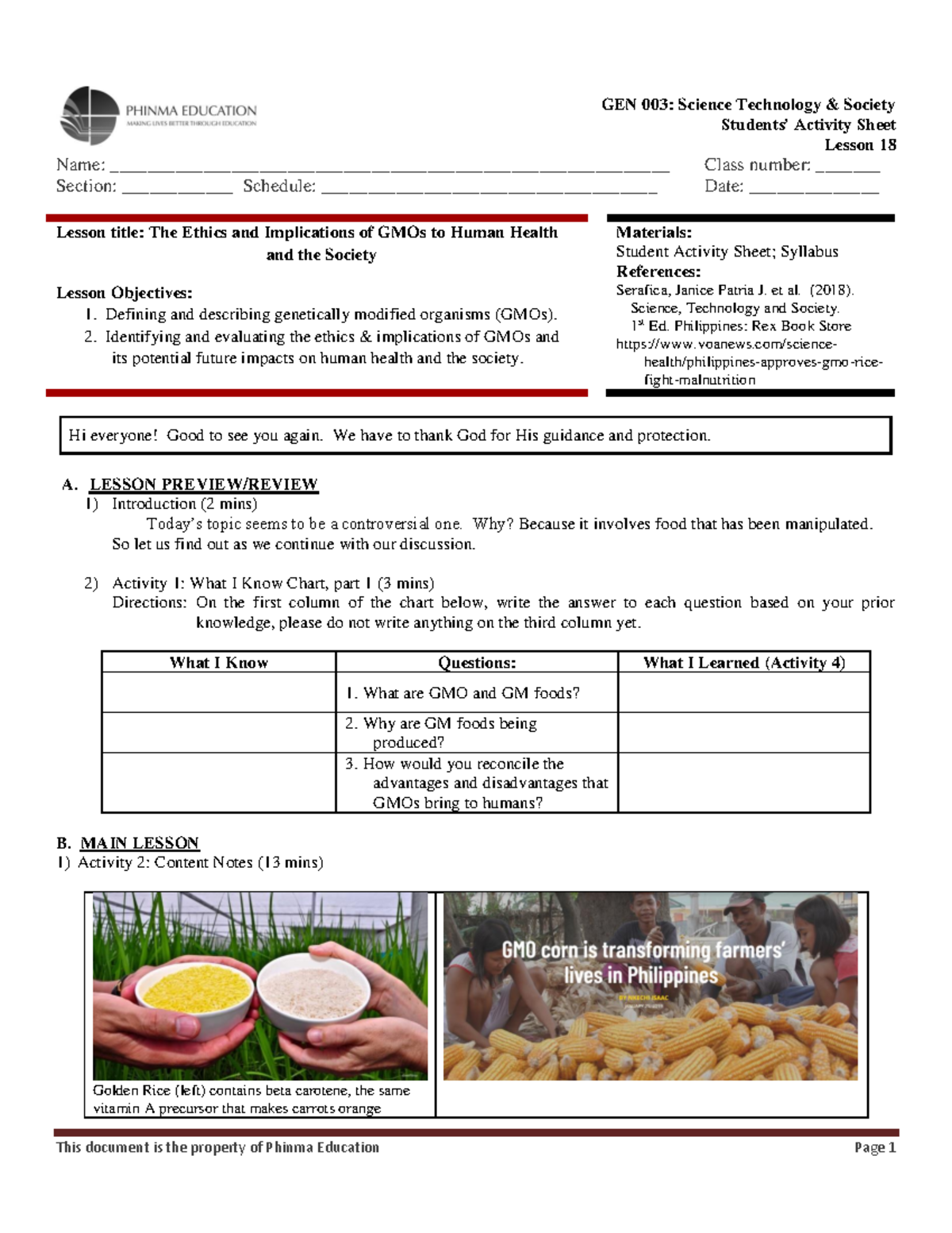 GEN 003 MODULE 18 - Students’ Activity Sheet Lesson 18 Name: - Studocu